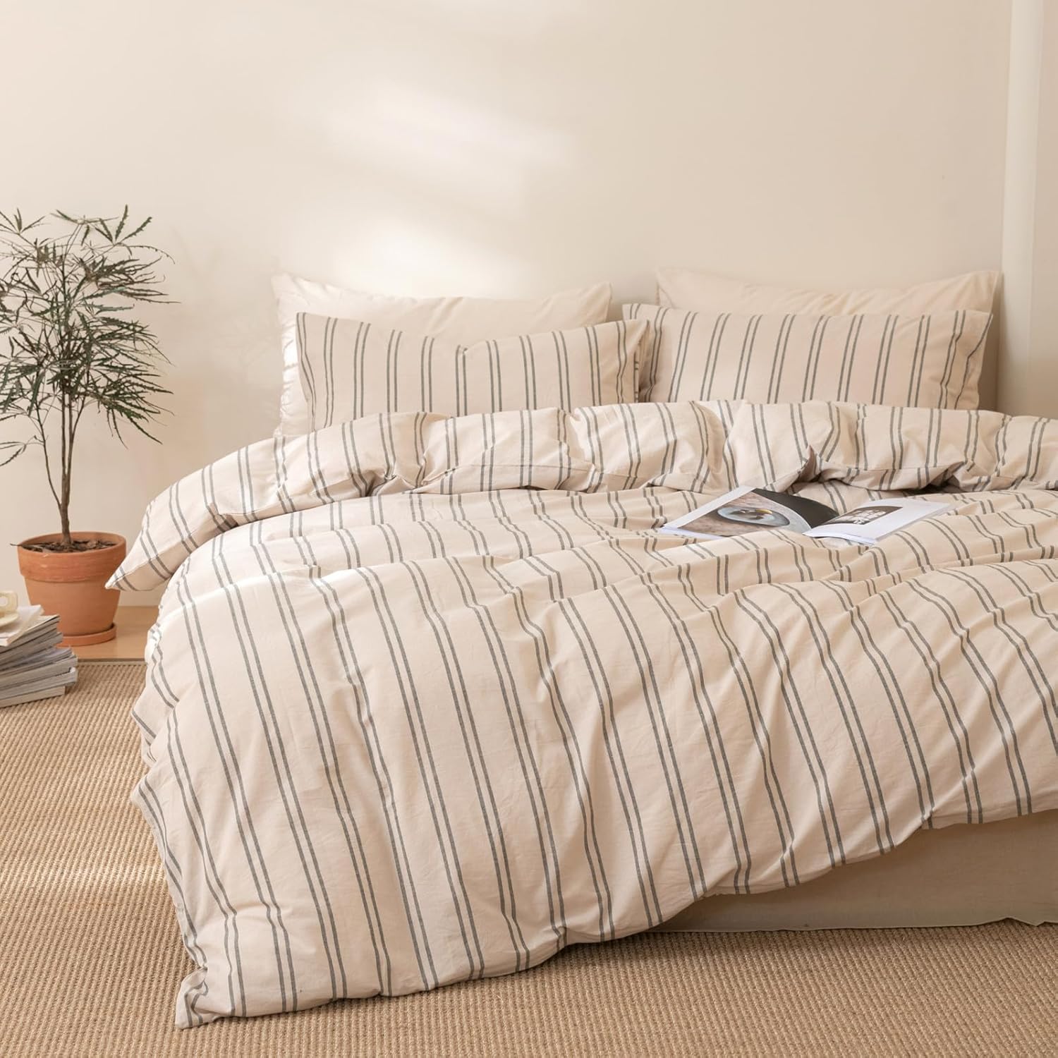 Amazon.com: VM VOUGEMARKET Beige Striped Duvet Cover Set Queen, 100% ...