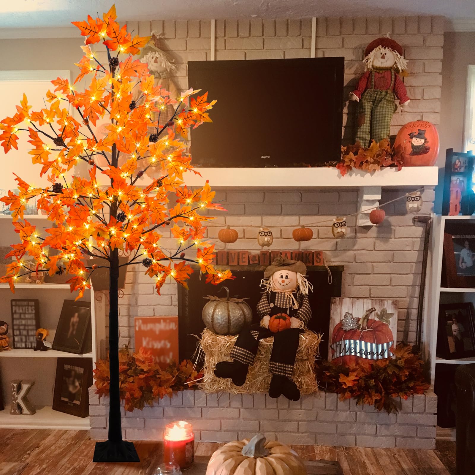 Phliofd 6FT Prelit Fall Maple Tree Decor, 128 LEDs with 8 Acorns 8 Pine ...