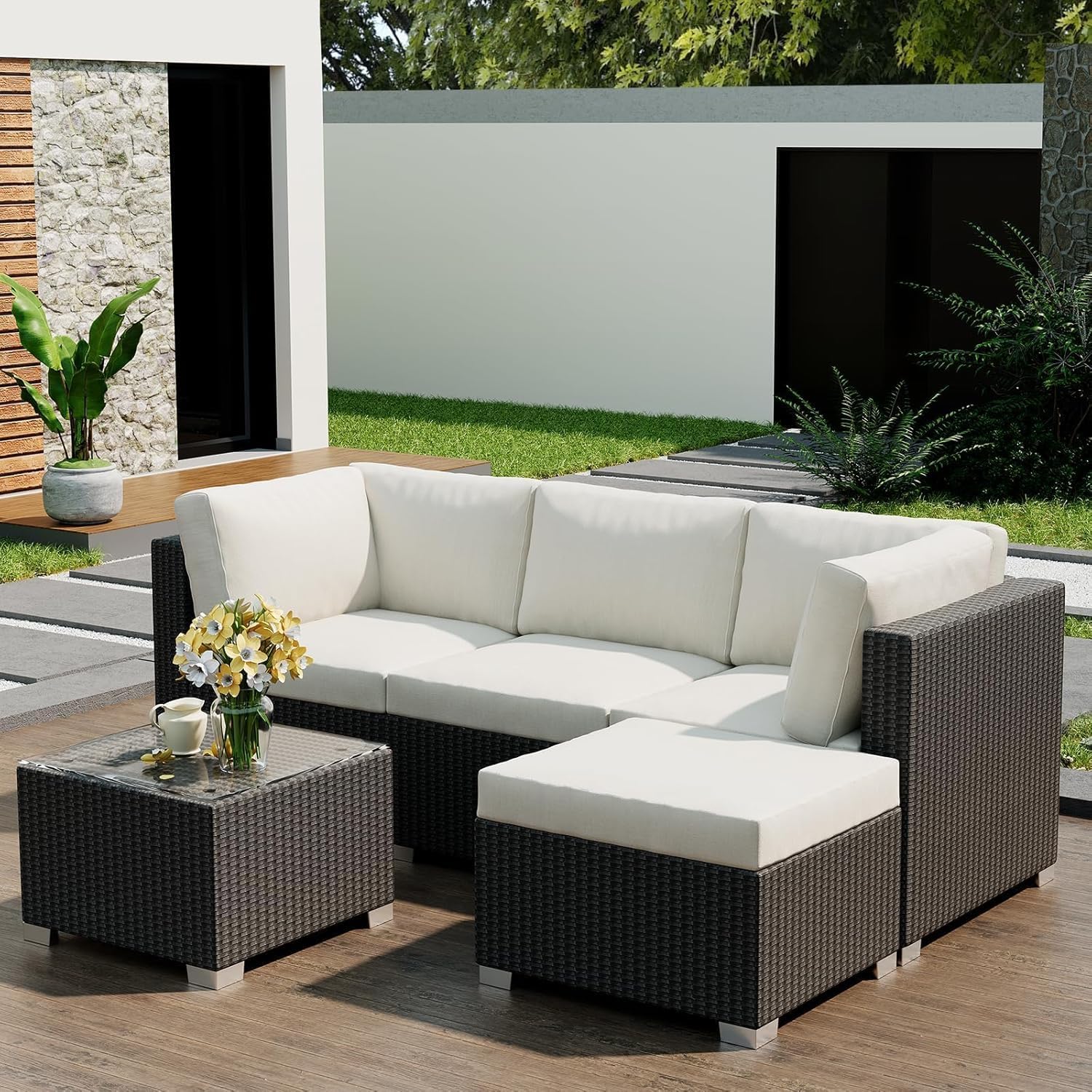 Amazon.com: 5 Pieces Patio Furniture Sets, Rattan Wicker Conversation ...