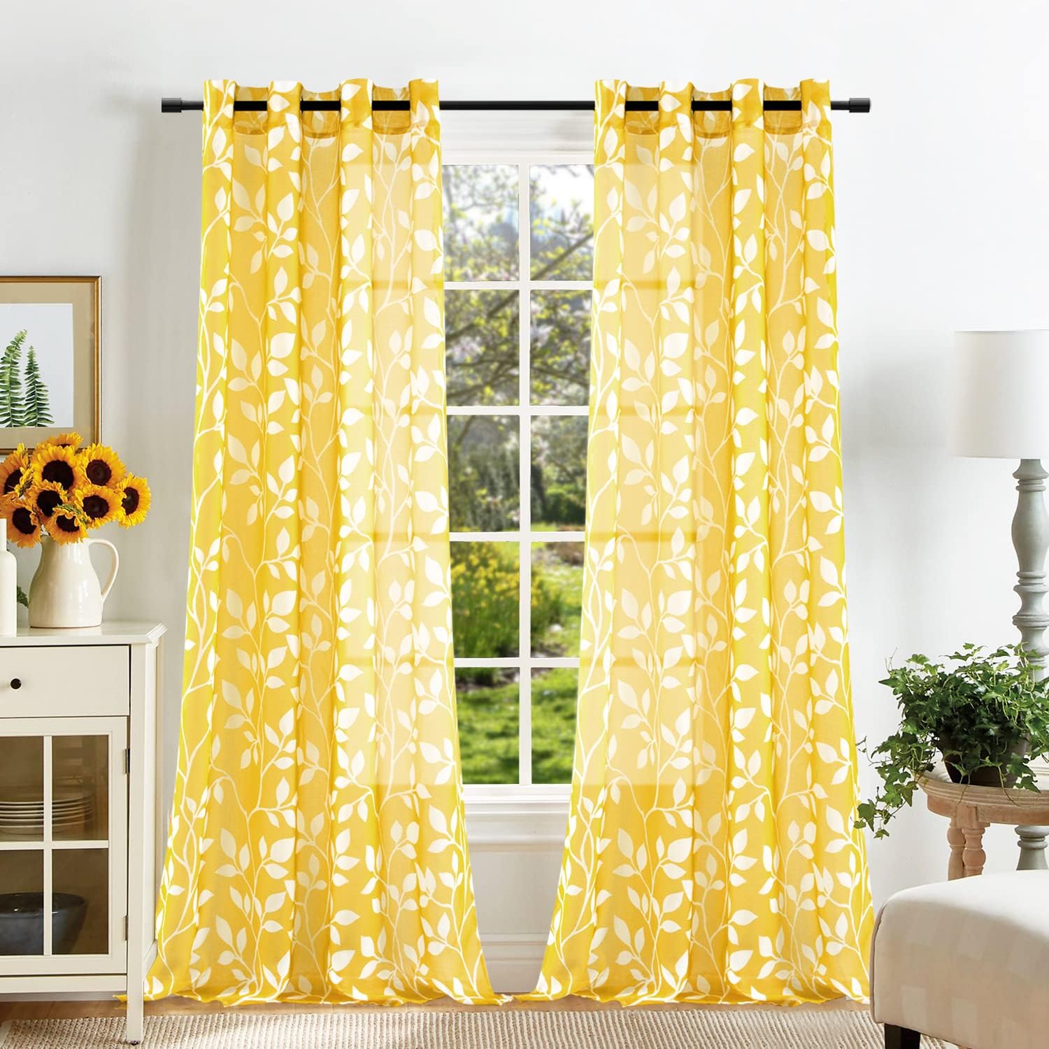 XTMYI Yellow Sheer Pattern Curtains for Living Room 84 Inches Long ...