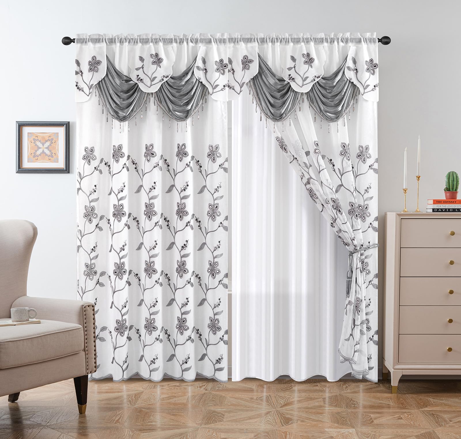Amazon.com: Piece Nada Luxury Faux Satin Floral Design Panel, Rod ...