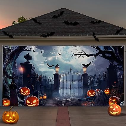 Amazon.com: Preboun Halloween Garage Door Banner Large Hanging Backdrop ...
