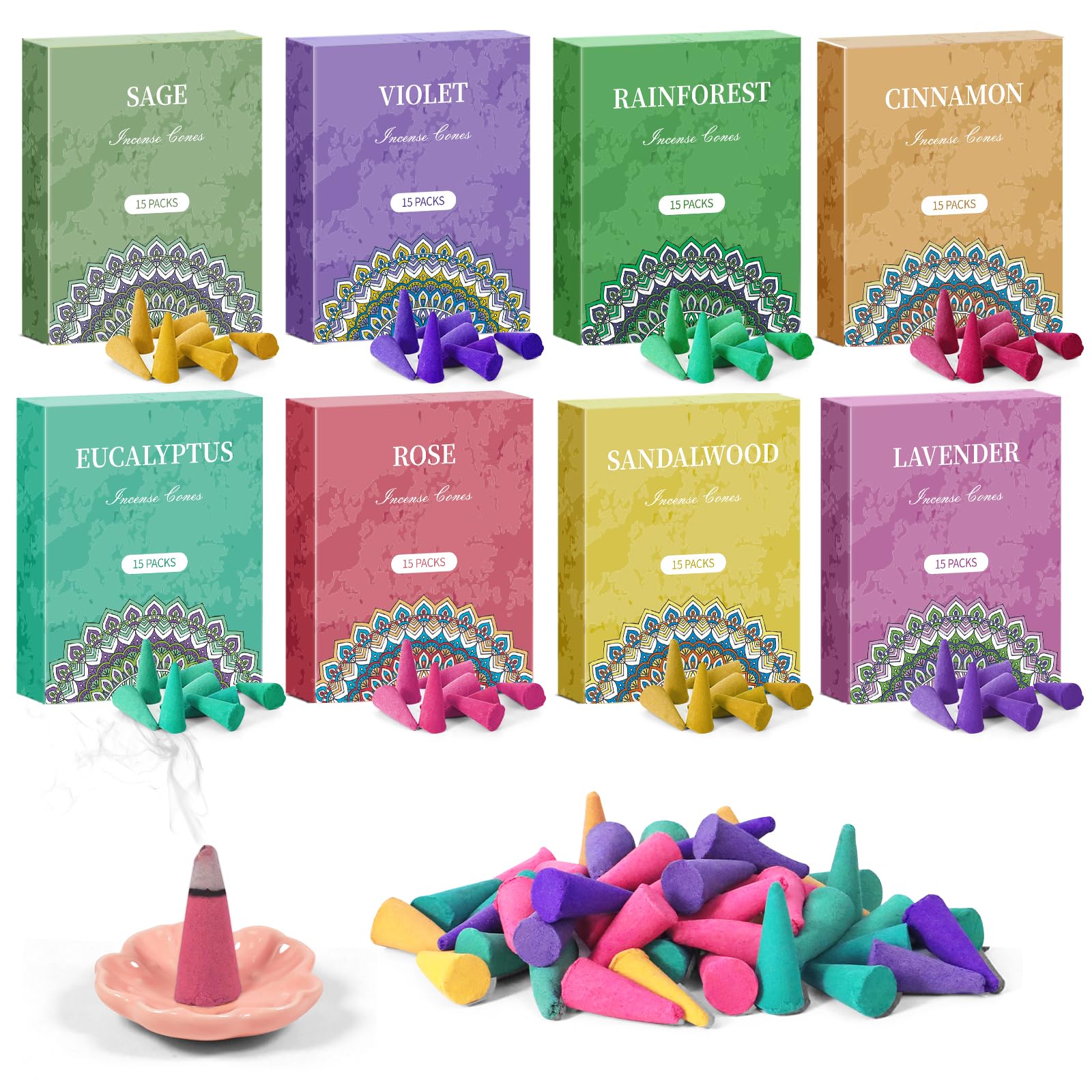 SCENTORINI Incense Cones, Assorted Scented Incense Cones with Holder ...