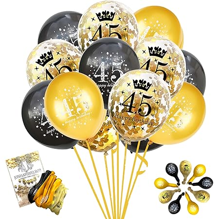 Amazon.com: 45th Birthday Balloons 45 Years Black Gold Latex Confetti ...