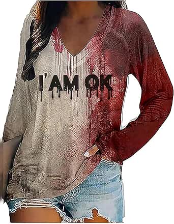Halloween I AM OK Tshirt Women Horror Halloween I'm Fine Bloody Shirts ...