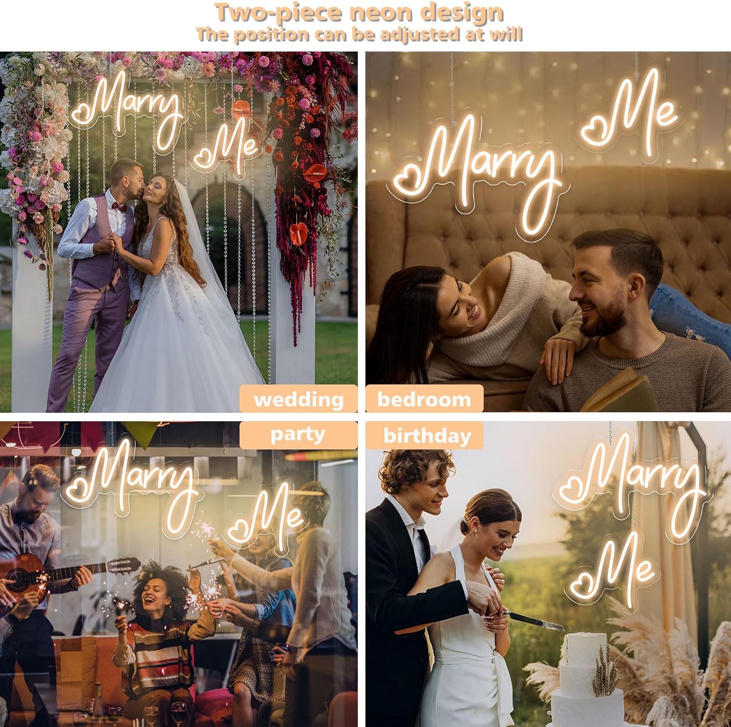 Letrero de neón con texto en inglés «Marry Me», letras luminosas ...