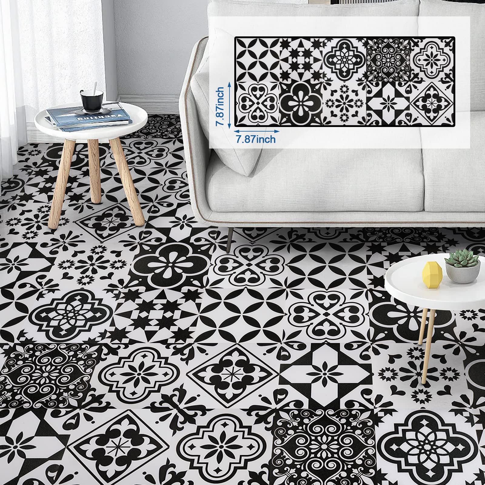 Snapklik.com : Peel And Stick Floor Tile Black And White, Vinyl Flooring 7.87in X 7.87in, Peel ...