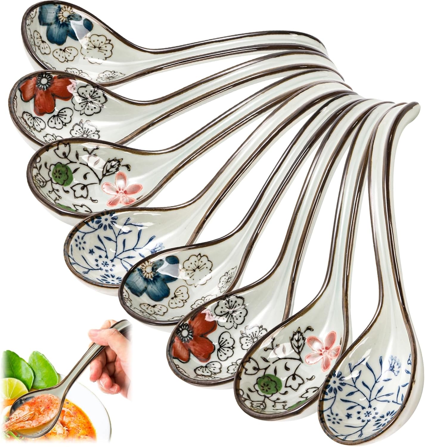 Cididu 8 Pcs Asian Ceramic Soup Spoons, Japanese Ramen Spoon with Long ...