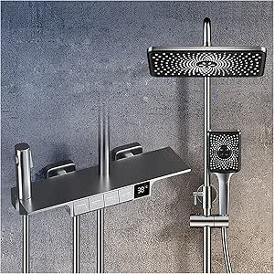 Amazon.com: Ksunun Thermostatic Shower System, Wall Mount Exposed Shower Faucet Set, Rain Shower ...