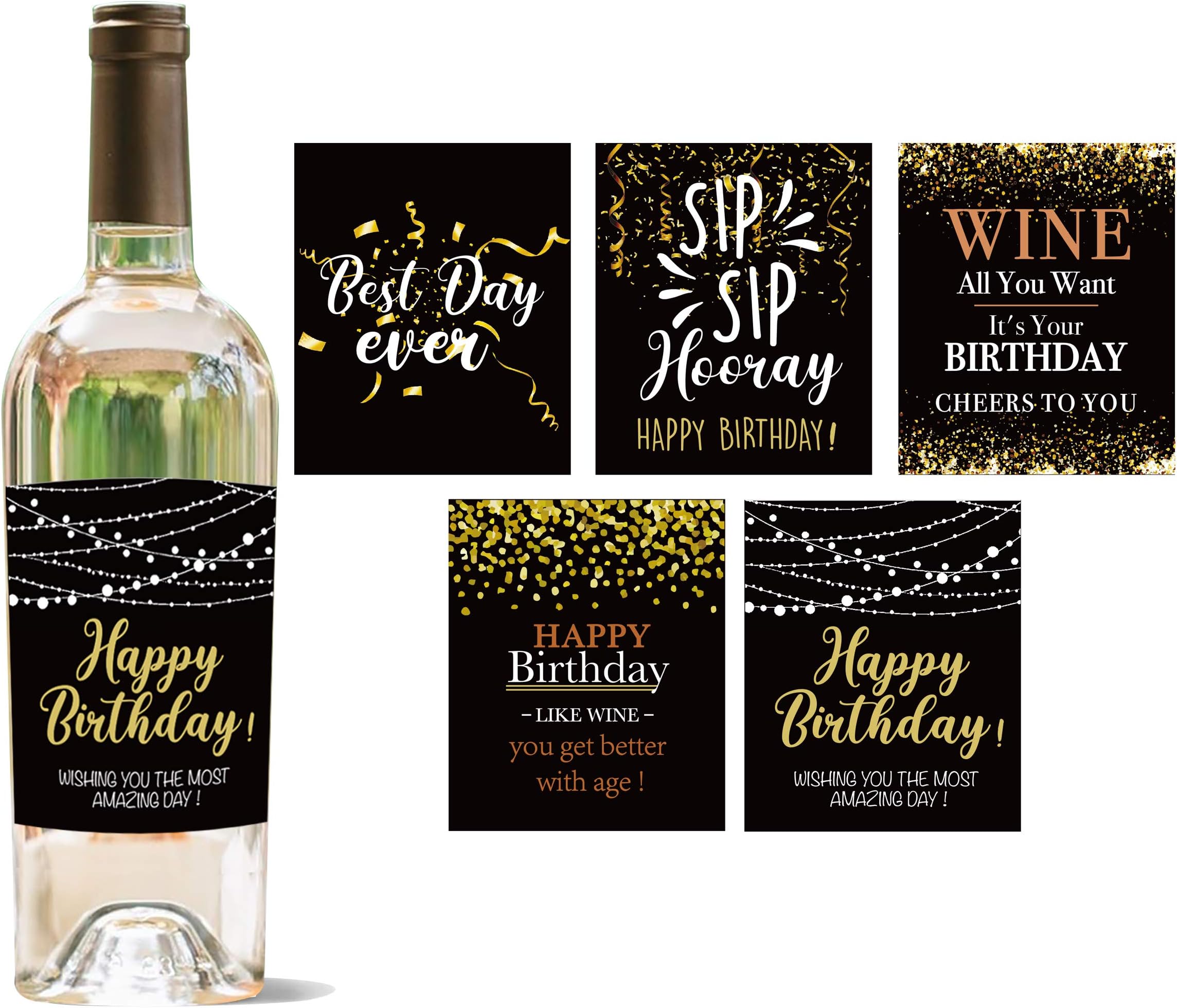 Amazon.com: Printed Party Birthday Wine Bottle Labels, Black and Gold ...