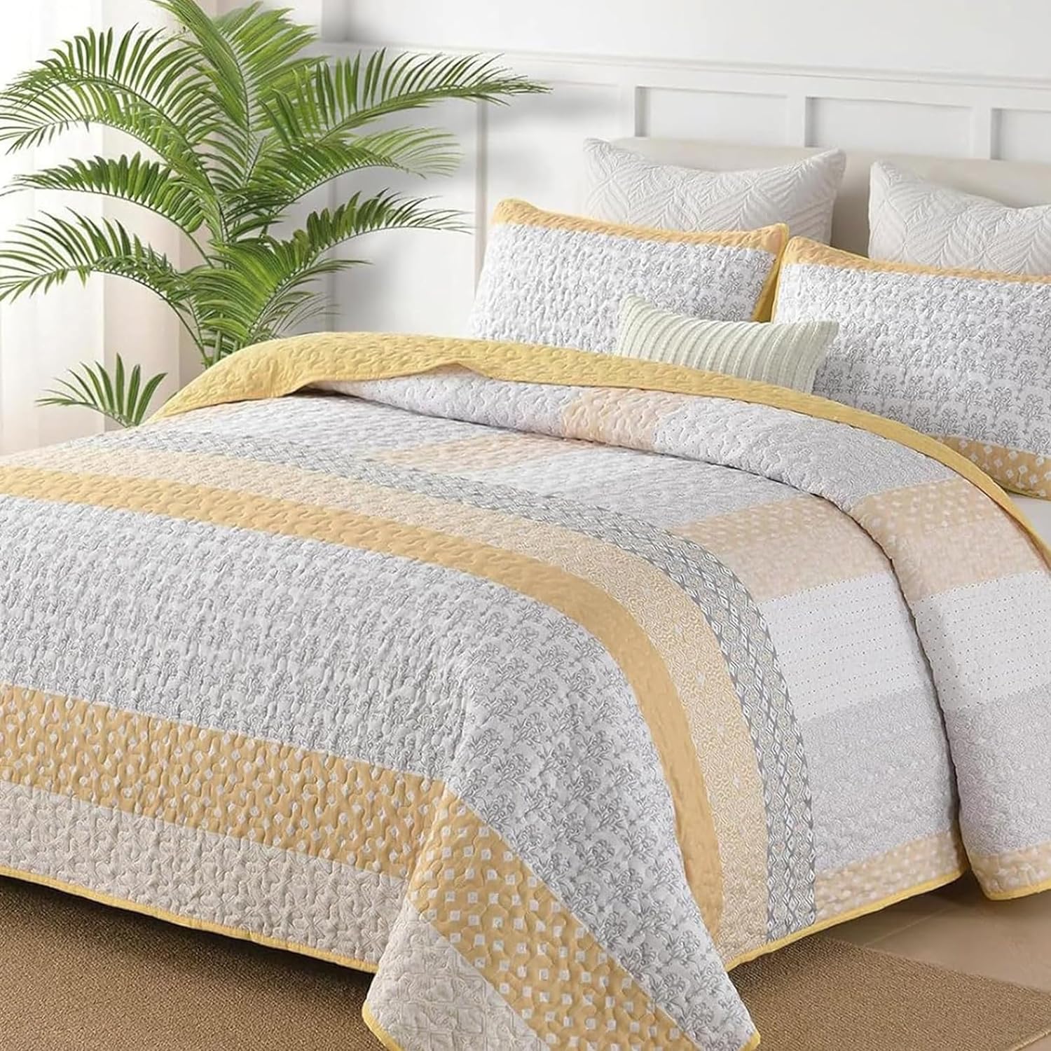 Amazon.com: WONGS BEDDING Yellow Quilt Full Size, Bohemian Stripe Quilt ...