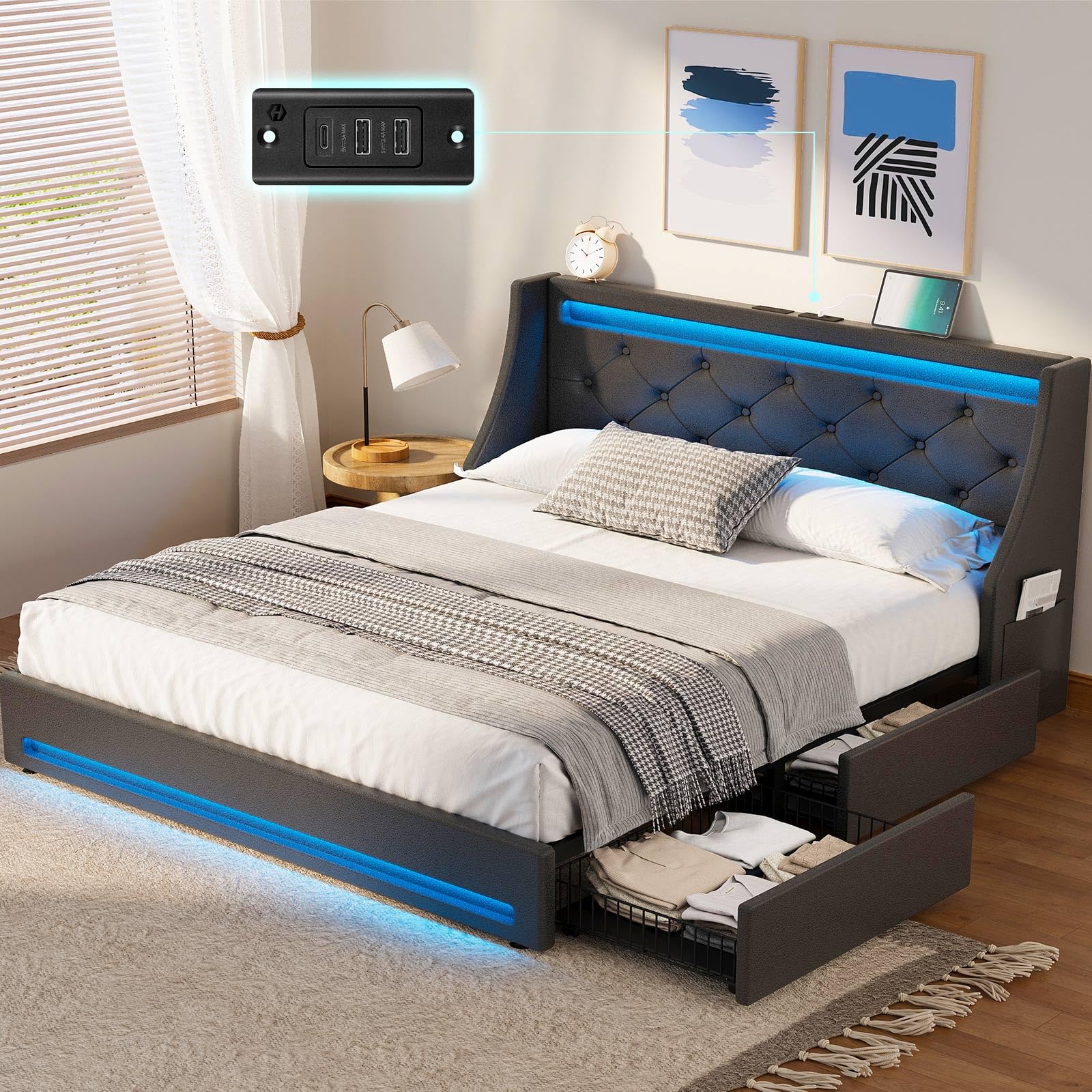 Snapklik.com : GREENSTELL Modern Style Bed Frame, Upholstered Bed