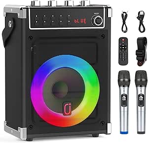JYX Karaoke Machine with 2 UHF Wireless Microphones, Bluetooth Speaker with Bass/Treble and LED ...