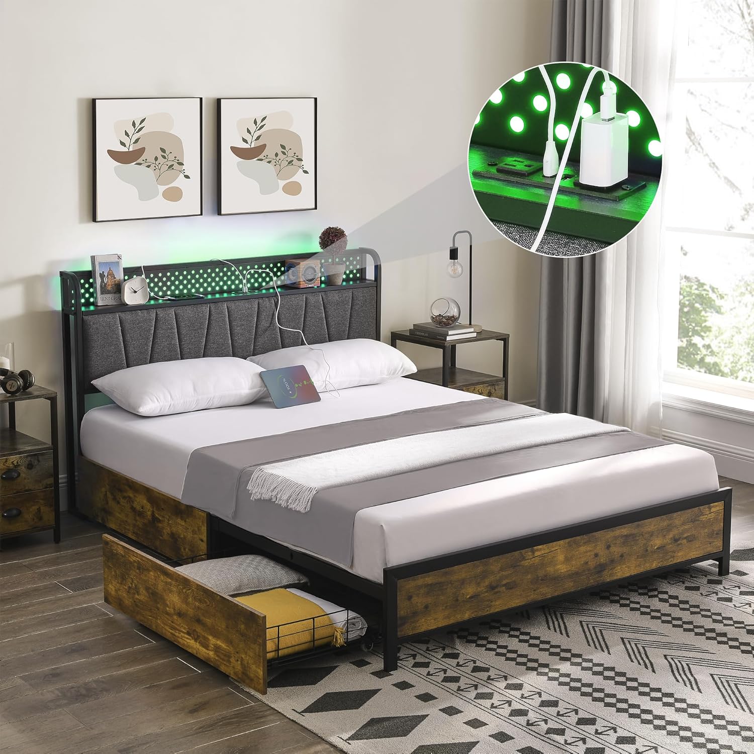 Amazon.com: Queen bed frame with Headboard and 4 Storage Drawers ...