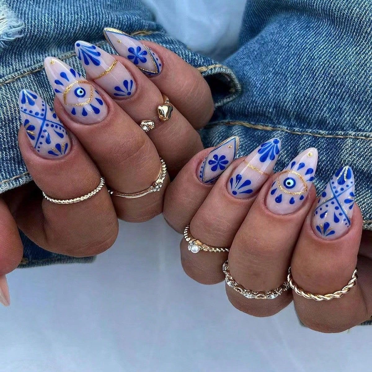 Amazon.com: Almond Press on Nails With Blue Flower Totem Pattern ...