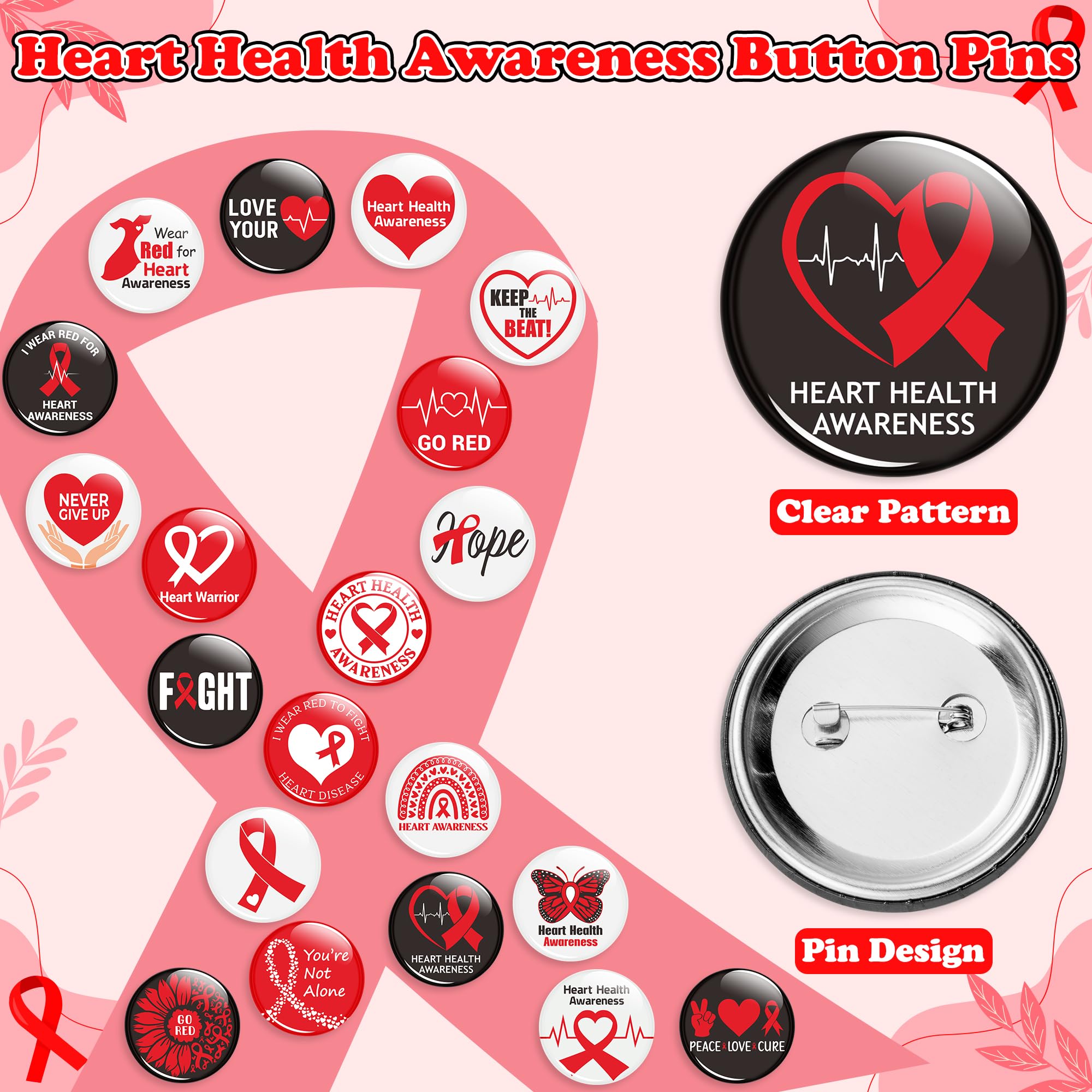 Snapklik.com : 100Pcs Heart Health Awareness Button Pins - Red Ribbon ...