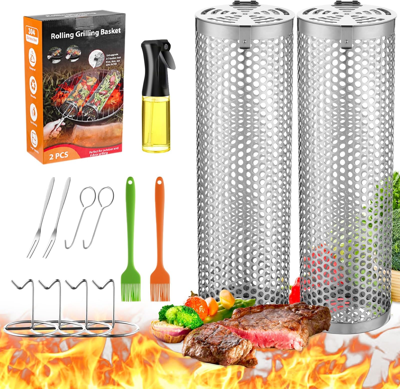 Amazon.com: Grill Basket, IMAGE Round Hole Rolling Grilling Baskets for ...