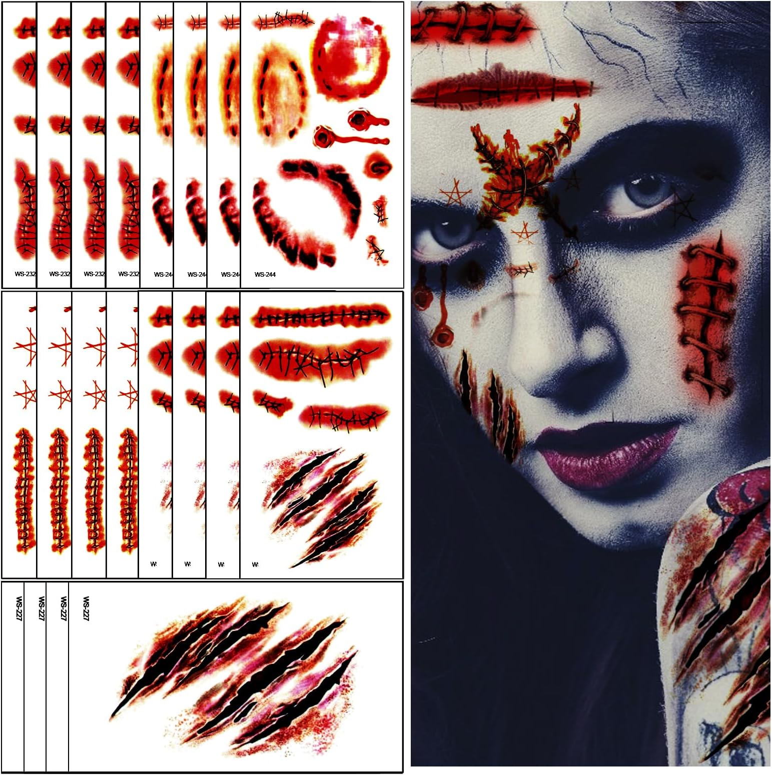 Amazon.com : 20 Sheets Halloween Zombie Scar Temporary Tattoos Makeup ...
