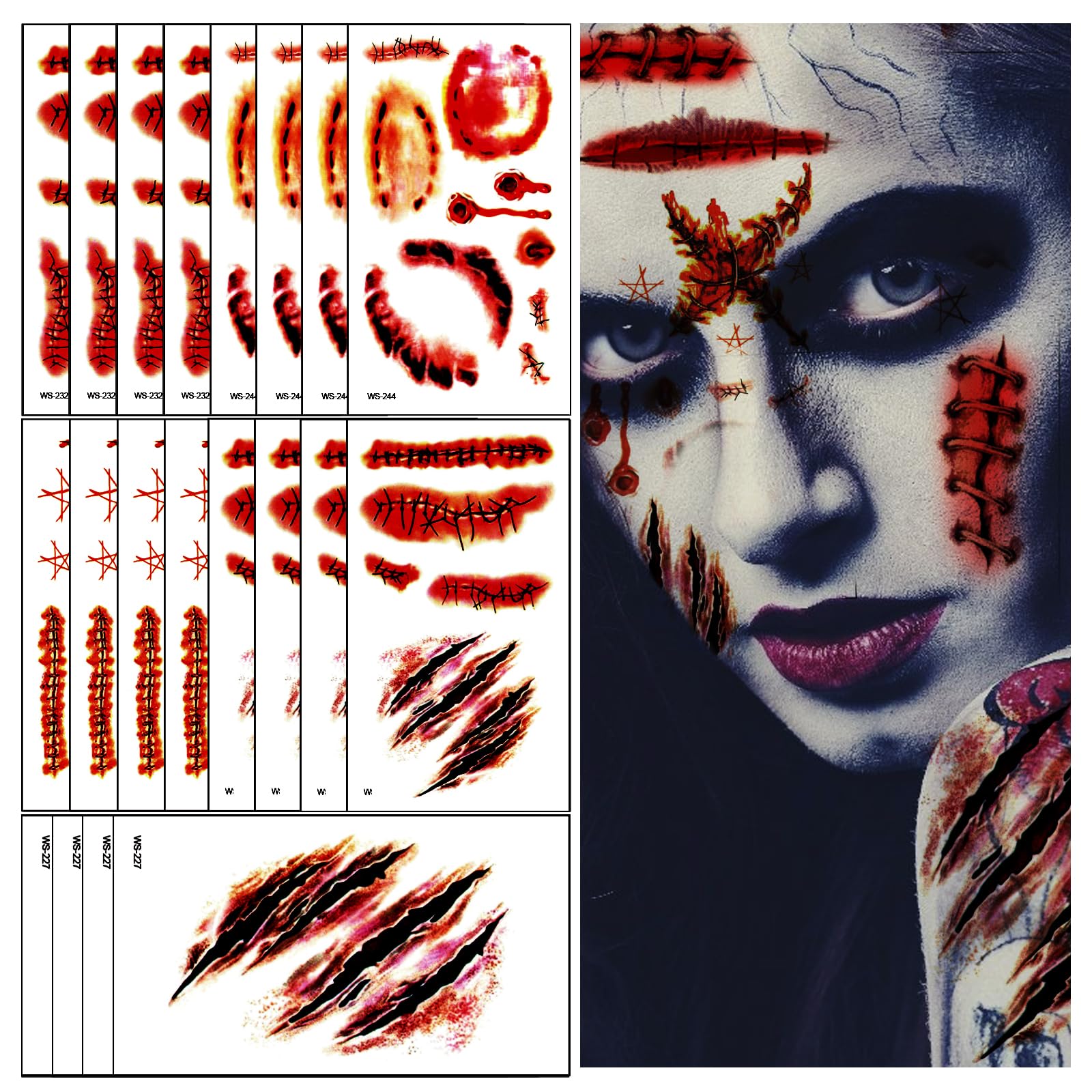 Amazon.com : 20 Sheets Halloween Zombie Scar Temporary Tattoos Makeup ...