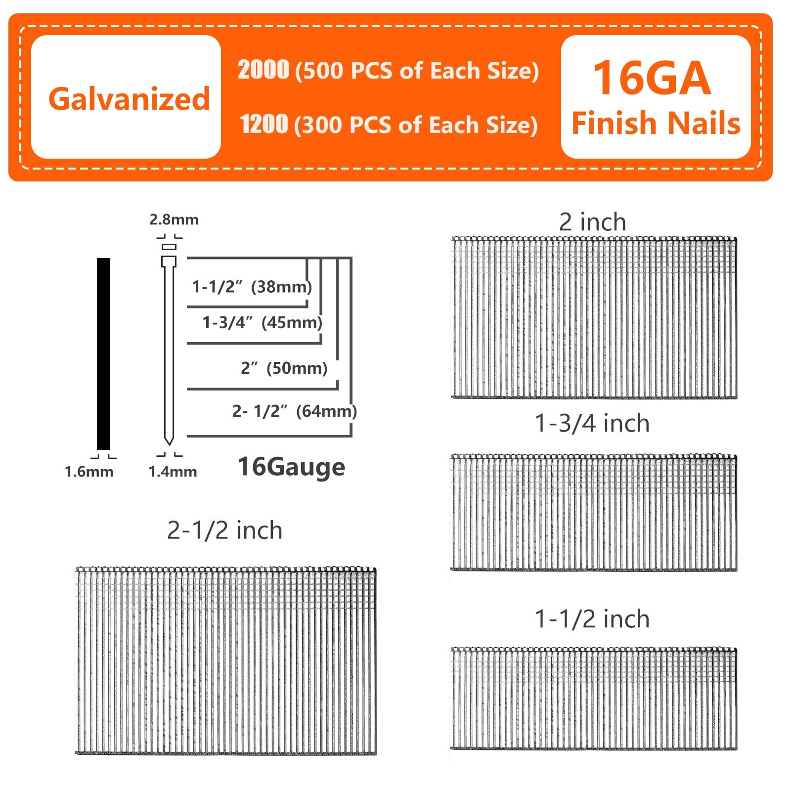 Snapklik.com : SITLDY Straight Finish Nails, 16 Gauge, 2000-Pack
