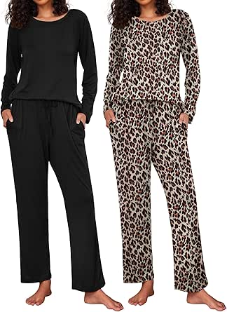 Ekouaer 2 Pack Women's Pajama Set Soft Long Sleeve Sleepwear Loungewear ...