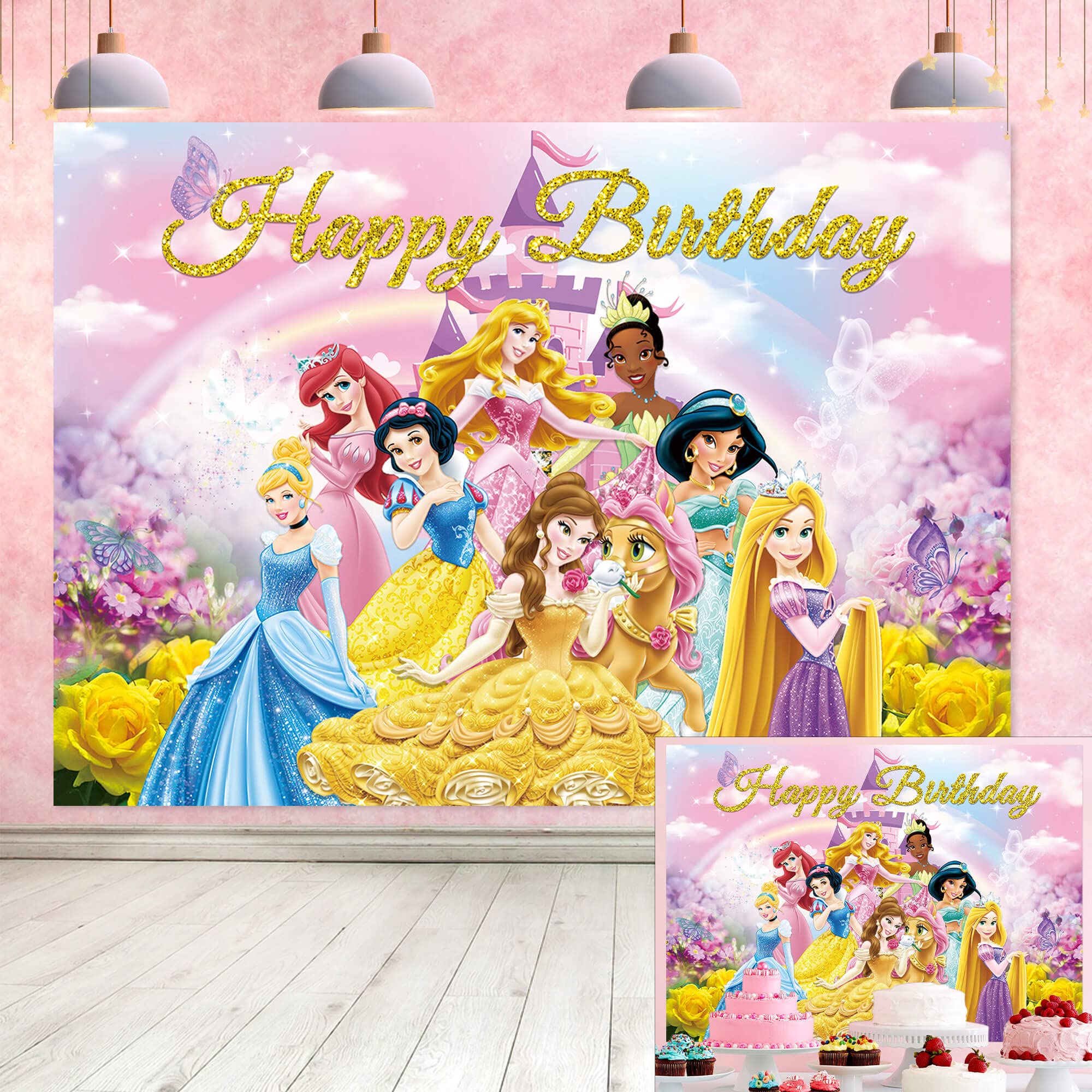 Buy Princess Birthday Backdrop Banner Party Decorations, 7x5ft Pink ...