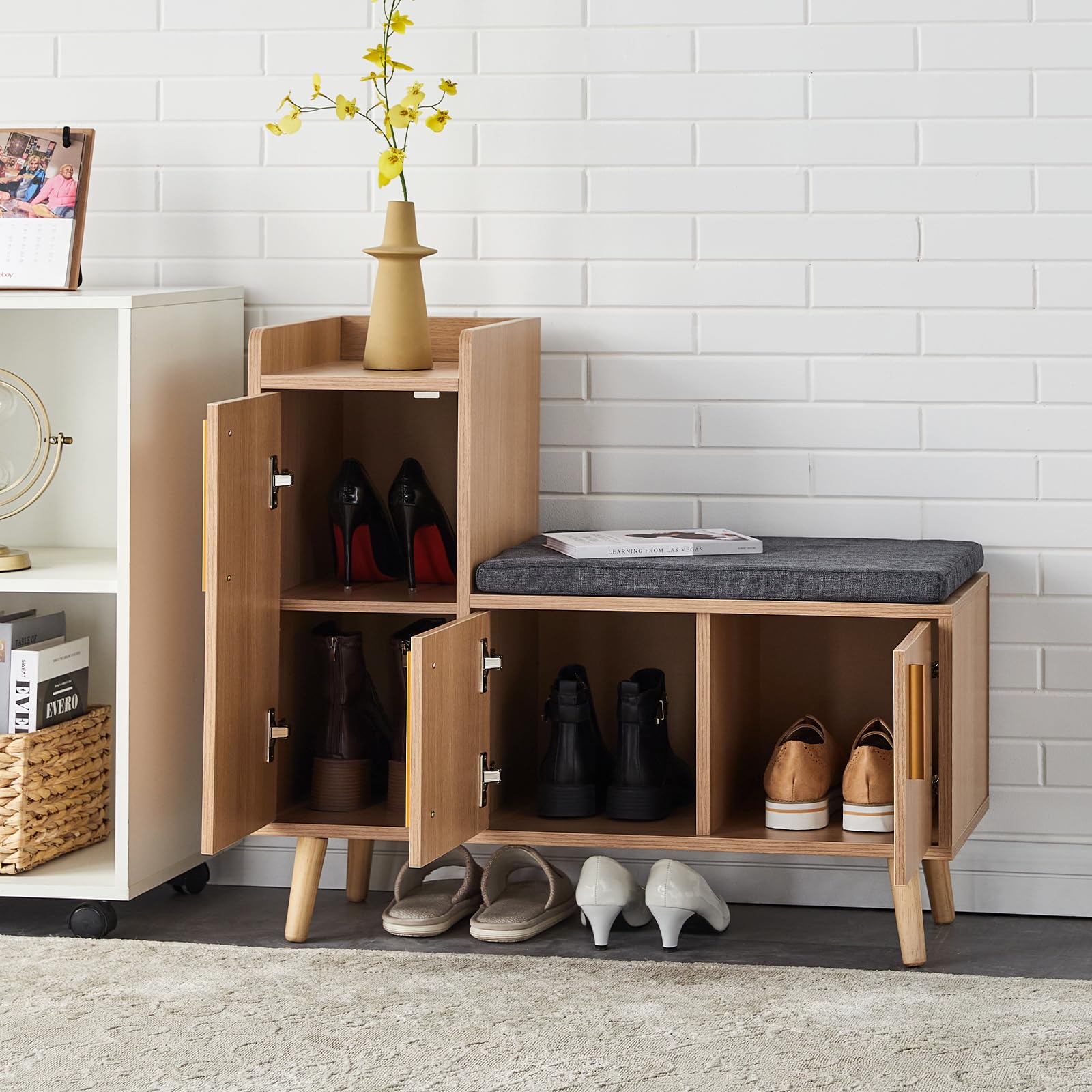 Shelves And Bench With Storage Doors 5 Tier Shoe Rack Bamboo Wooden