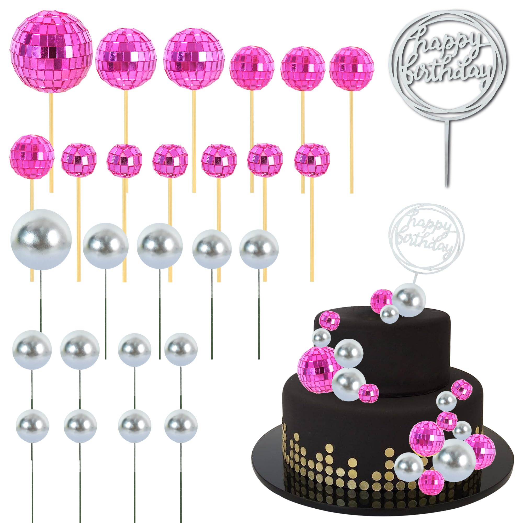Snapklik.com : BEISHIDA 27 PCS Hot Pink Disco Ball Cake Toppers - Mini ...