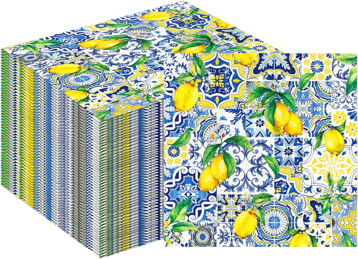 Amazon.com | 80 Pack Capri Lemon Party Paper Napkins, Blue Tiles Print ...