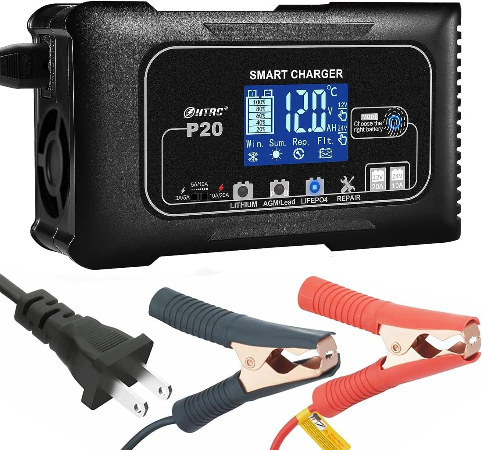 Amazon.com: 20 Amp LiFePO4 Battery Charger, 12V 24V Lithium AGM Lead ...