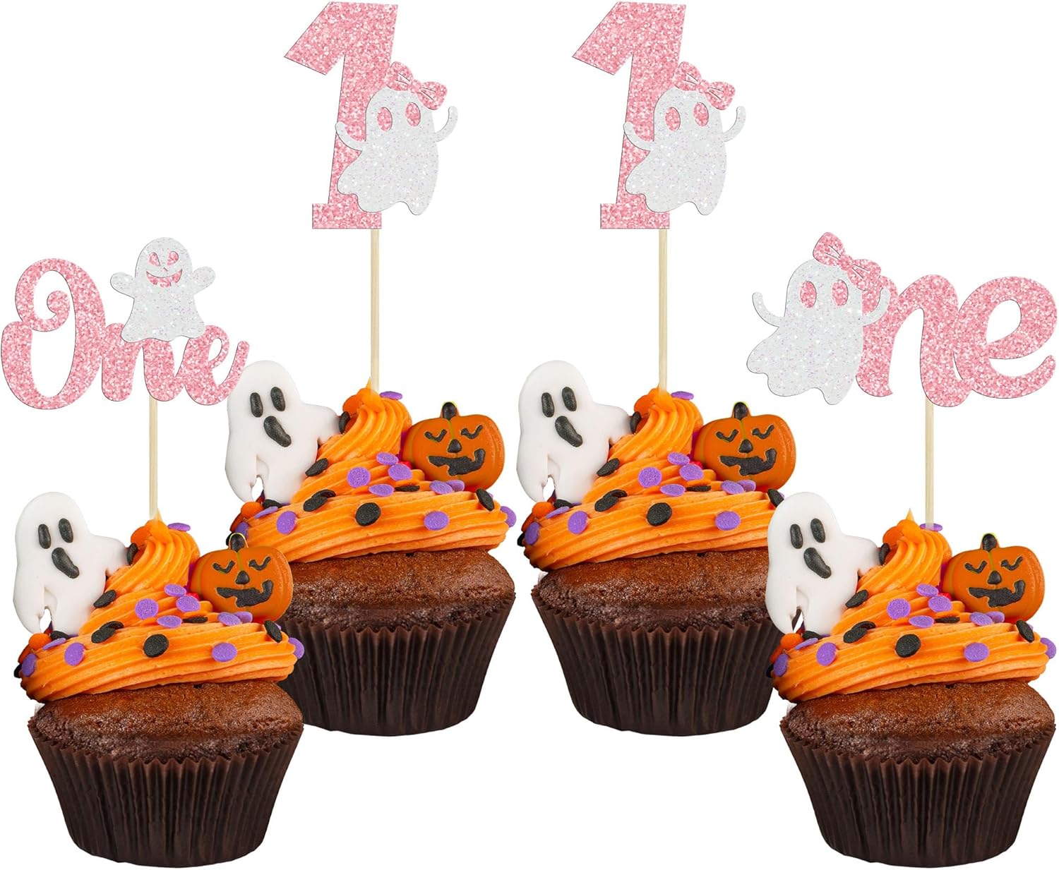 Amazon.com: Gyufise 24Pcs Ghost One Cupcake Toppers Pink Glitter First ...