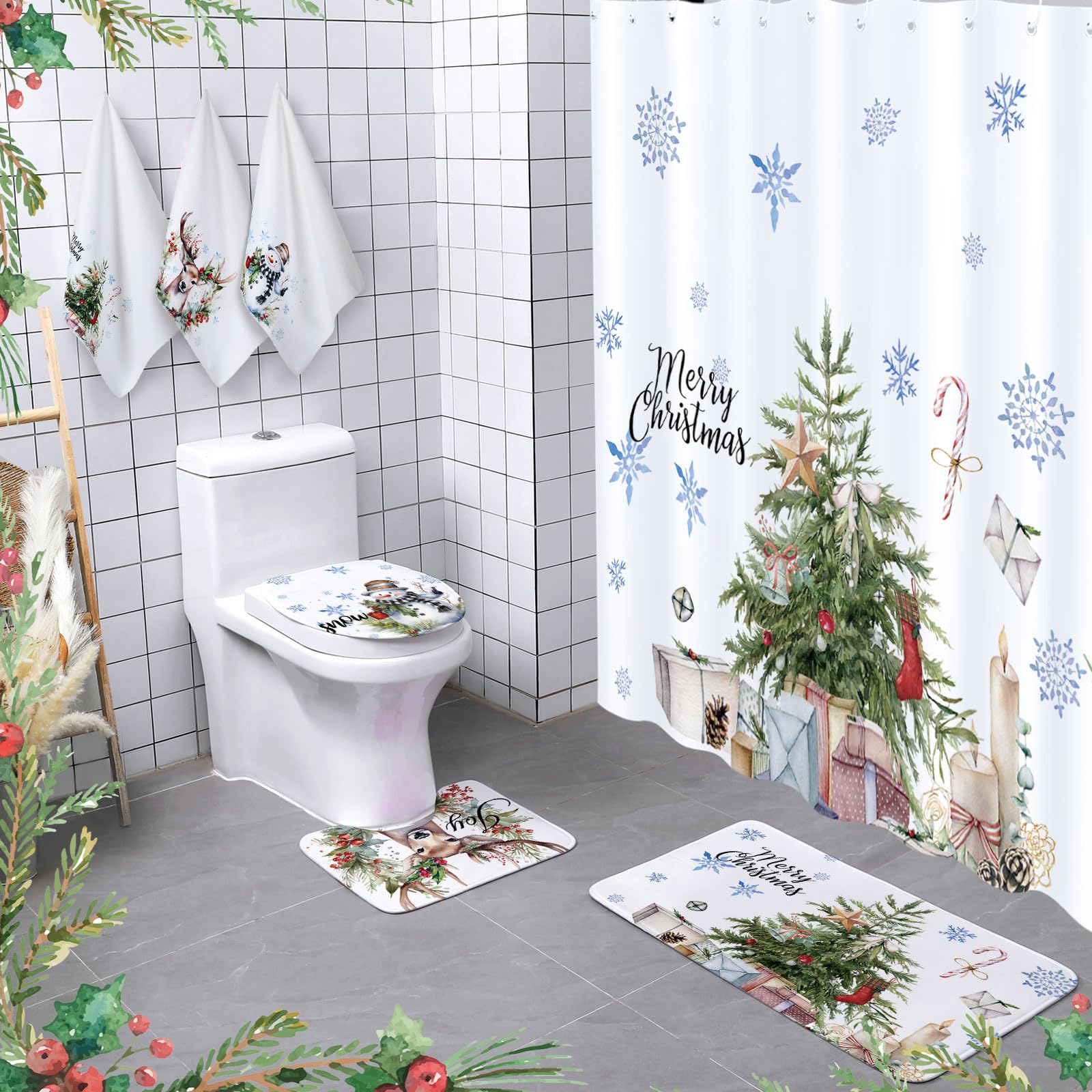 Amazon.com: Newwiee 7 Pcs Christmas Bathroom Set Xmas Shower Curtain ...