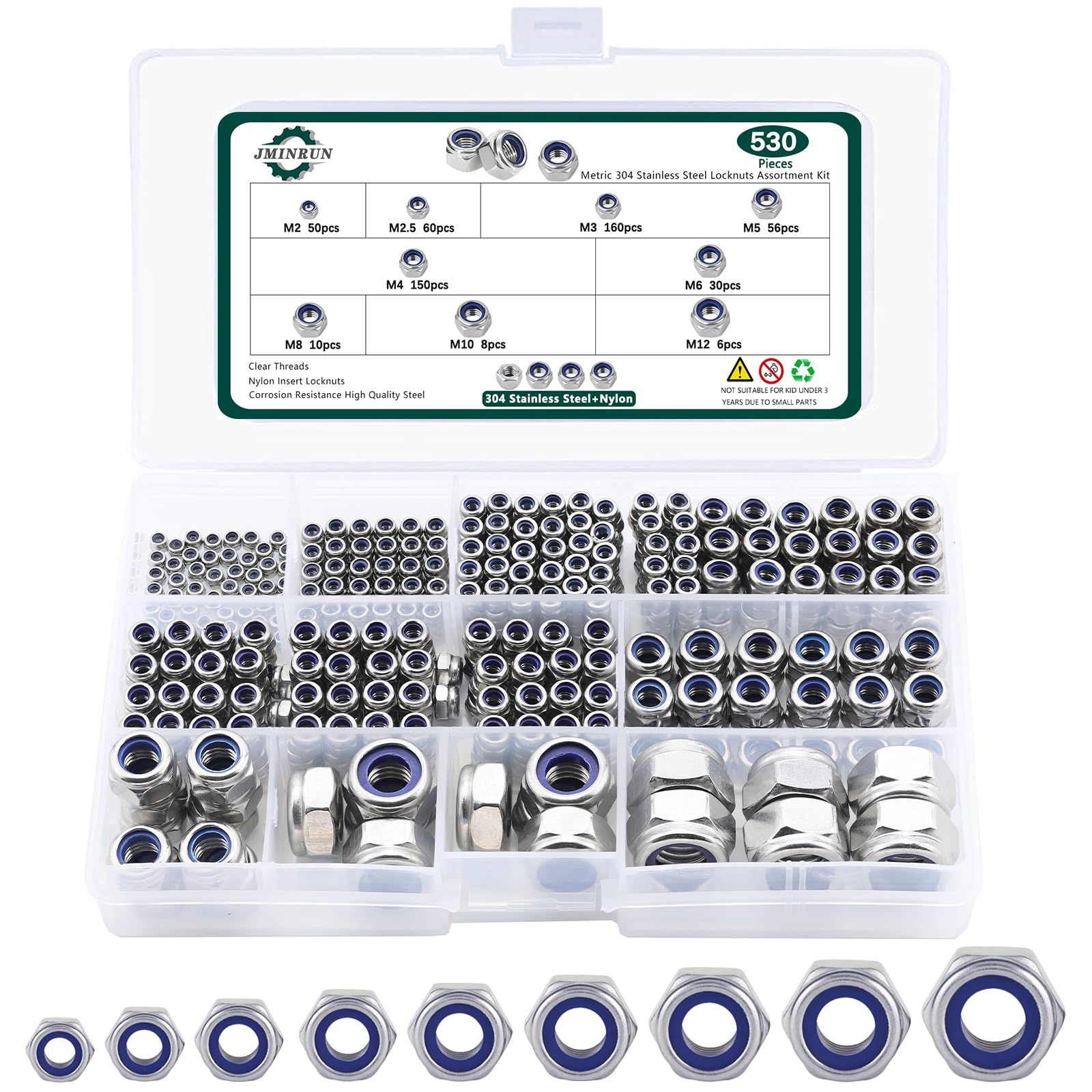 Metric Lock Nut Assortment Kit, 530PCS Nylon Insert Lock Nuts Set, 304 ...