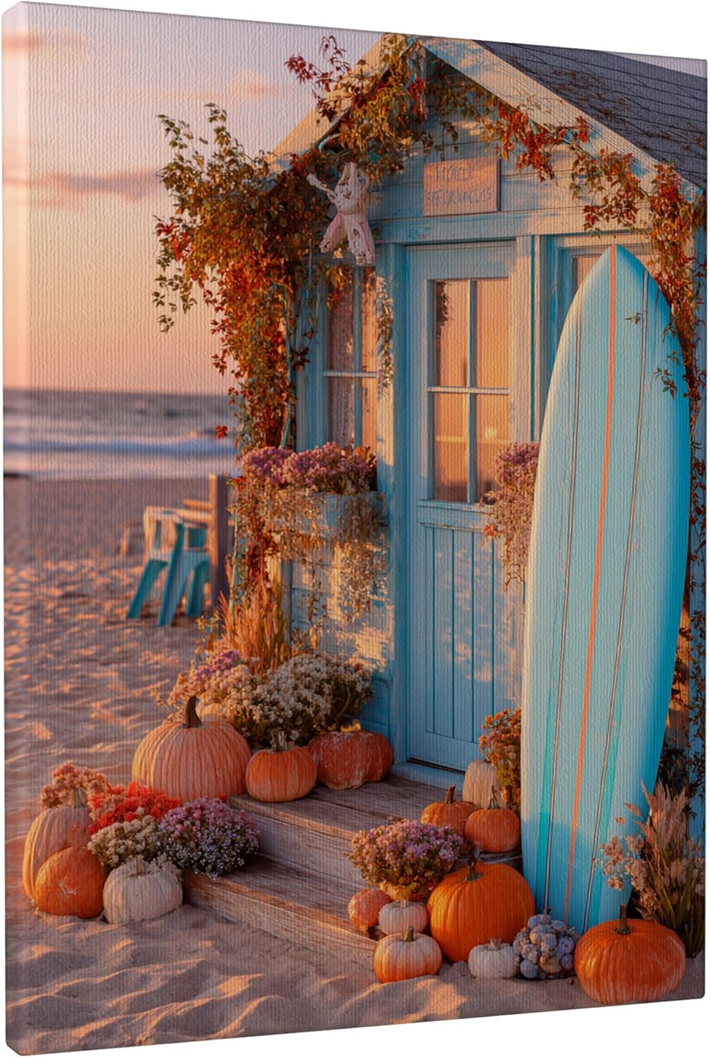 Amazon.com: Autumn Coastal Cottage Wall Art, Blue with Orange Pumpkin ...
