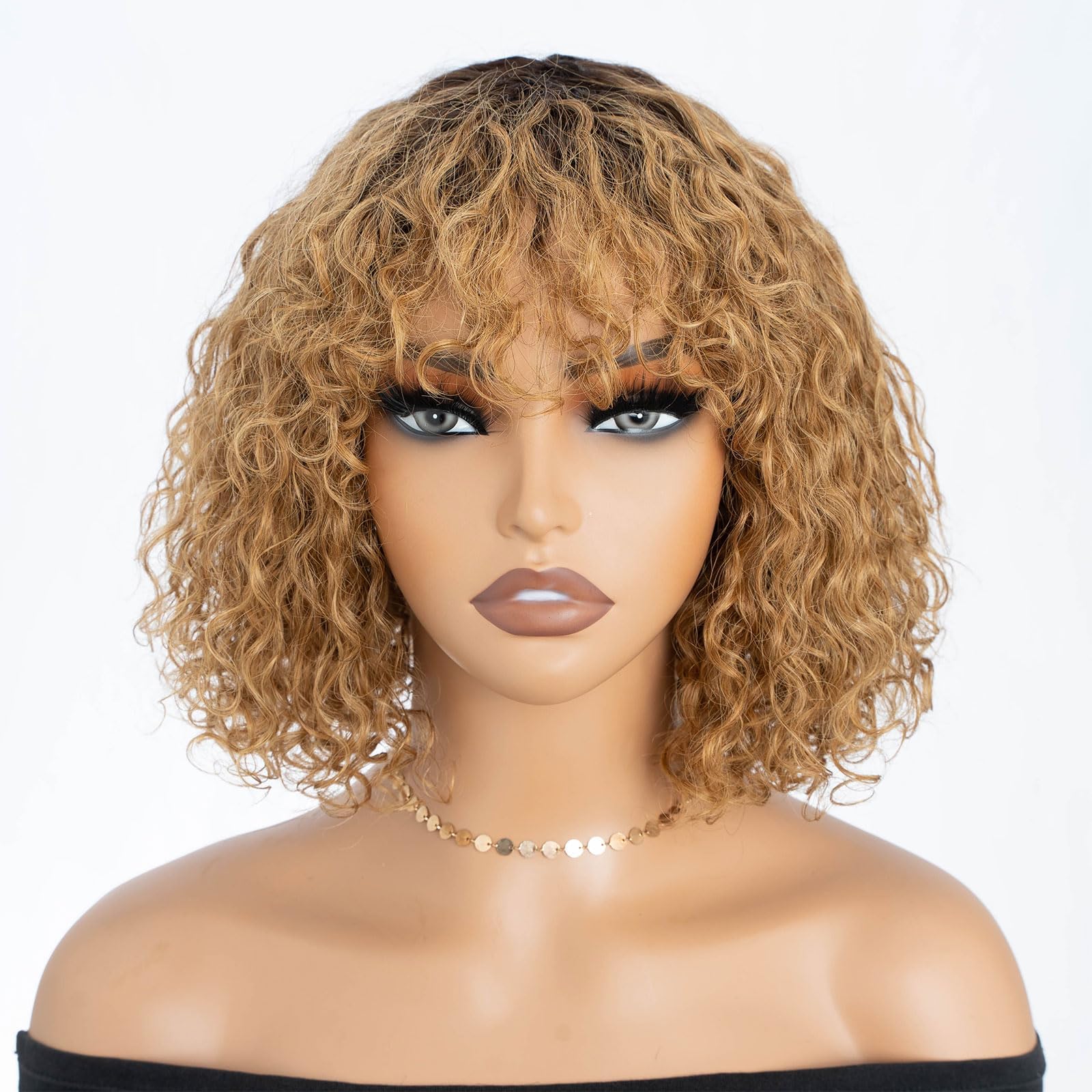 Amazon.com : DÉBUT Short Curly Bob Wigs with Bangs 100% Human Hair 10 ...