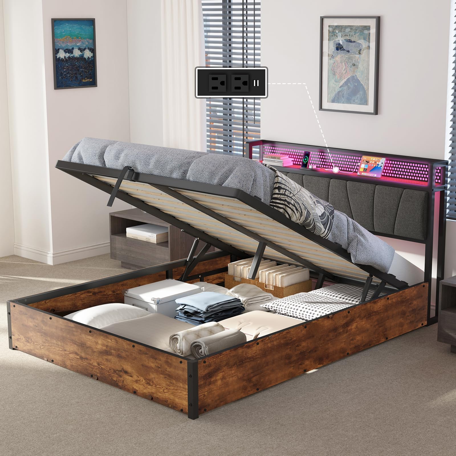 Amazon.com: AMERLIFE Full Size Lift Up Bed Frame with Linen Upholstered ...