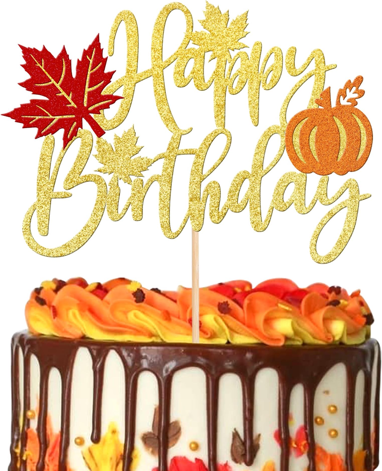 Amazon.com: 1 PCS Pumpkin Happy Birthday Cake Topper Glitter Maple Leaf ...