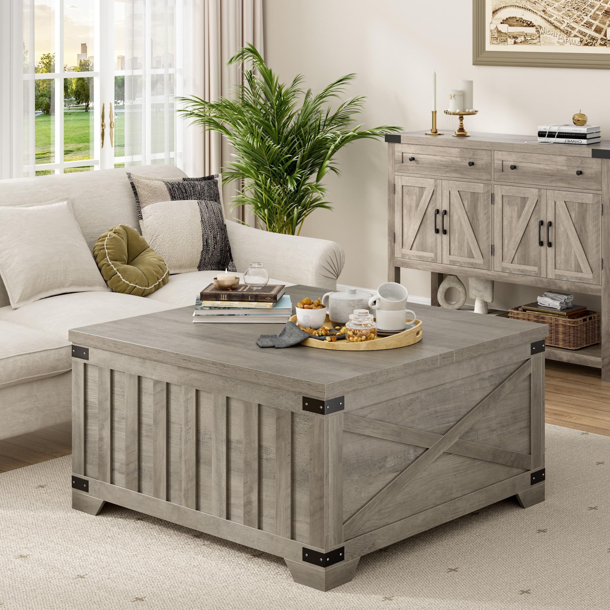 Amazon.com: WAMPAT Farmhouse Coffee Table with Storage Drawers, Wood ...