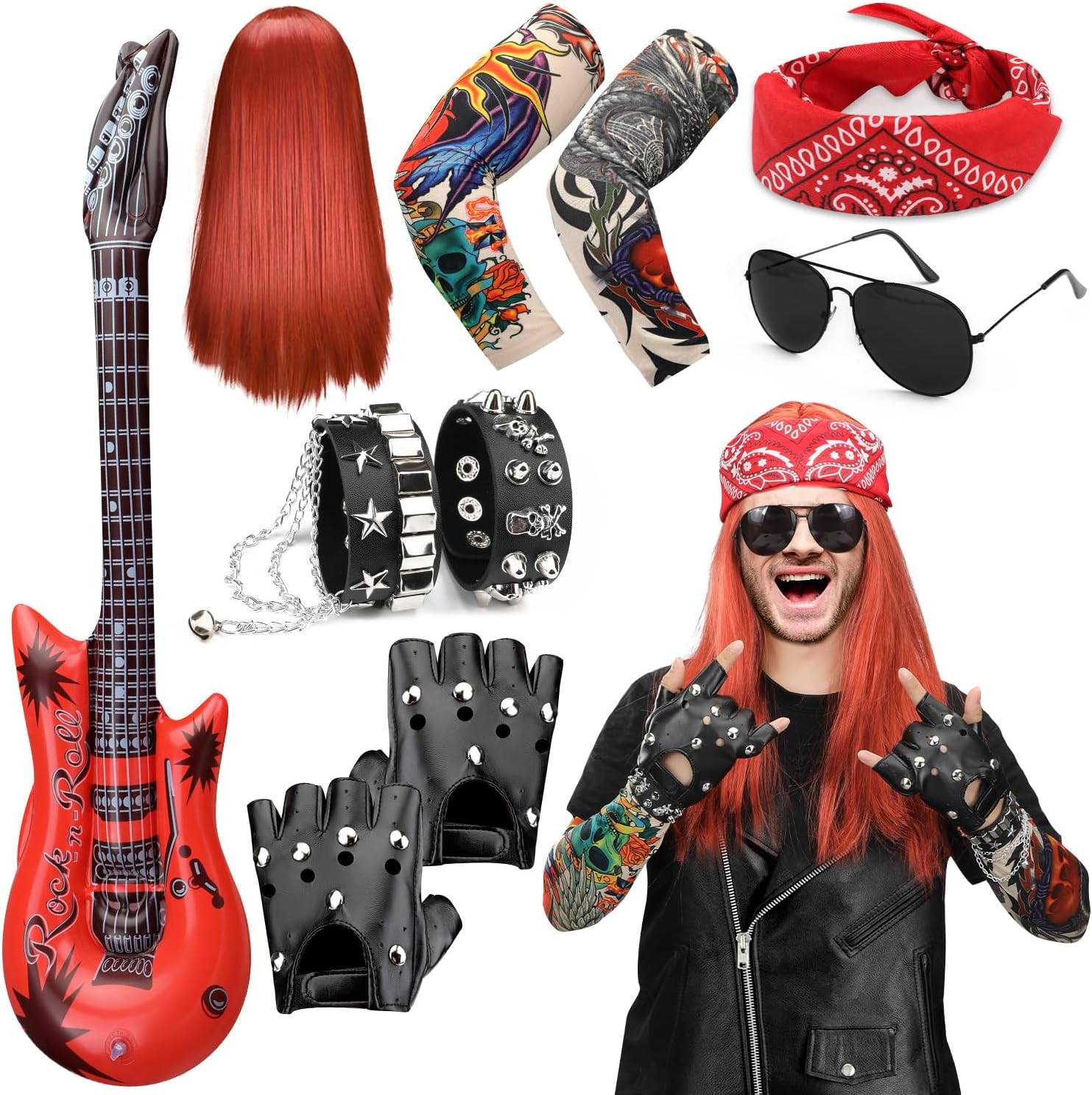 AutoWT 10 PCS 1970s Rockstar Costume Accessories - 70s 80s Metal Rock ...