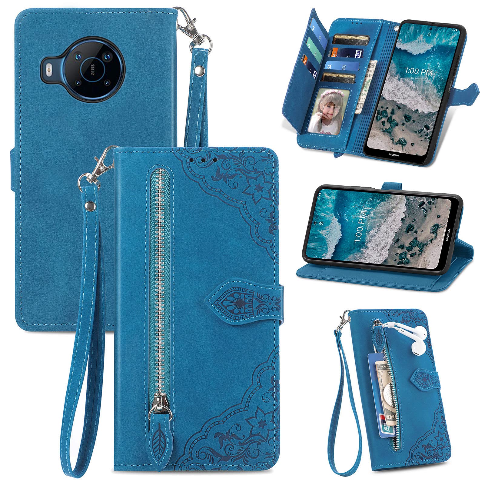 Amazon.com: Monwutong Wallet Phone Case for Nokia X100 5G, Blue, Polyurethane, Zipper Storage ...