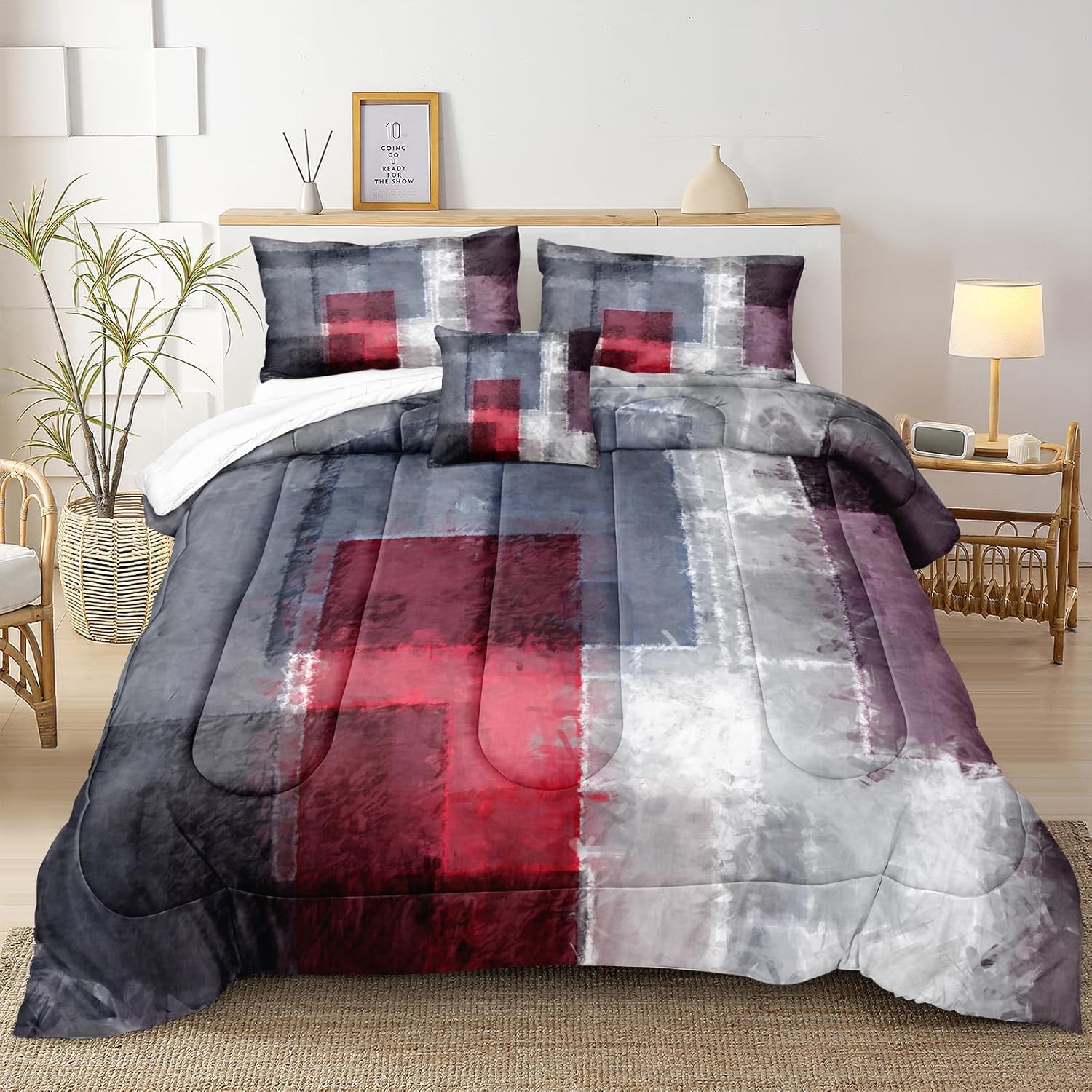 Amazon.com: Merryword Geometric Comforter Set Queen Size Red Black Gray ...