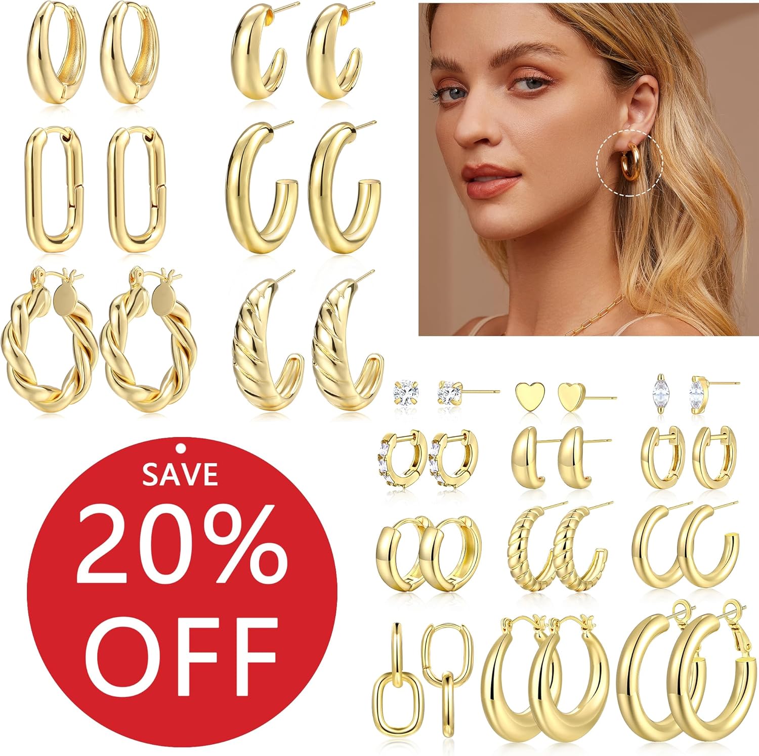 Amazon.com: 18 Pairs Gold Hoop Earrings Set for Women | 14K Gold Plated ...