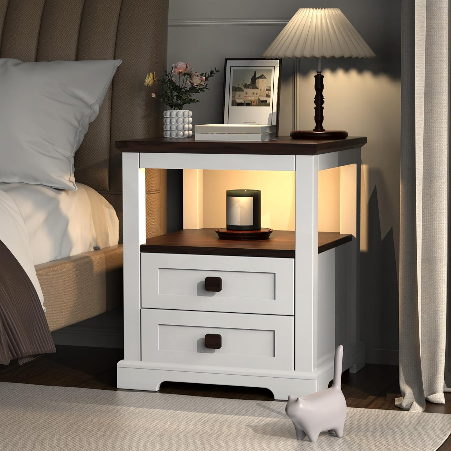 Amazon.com: GLSCASA White Farmhouse Night Stand with 2 Drawers, Bed ...