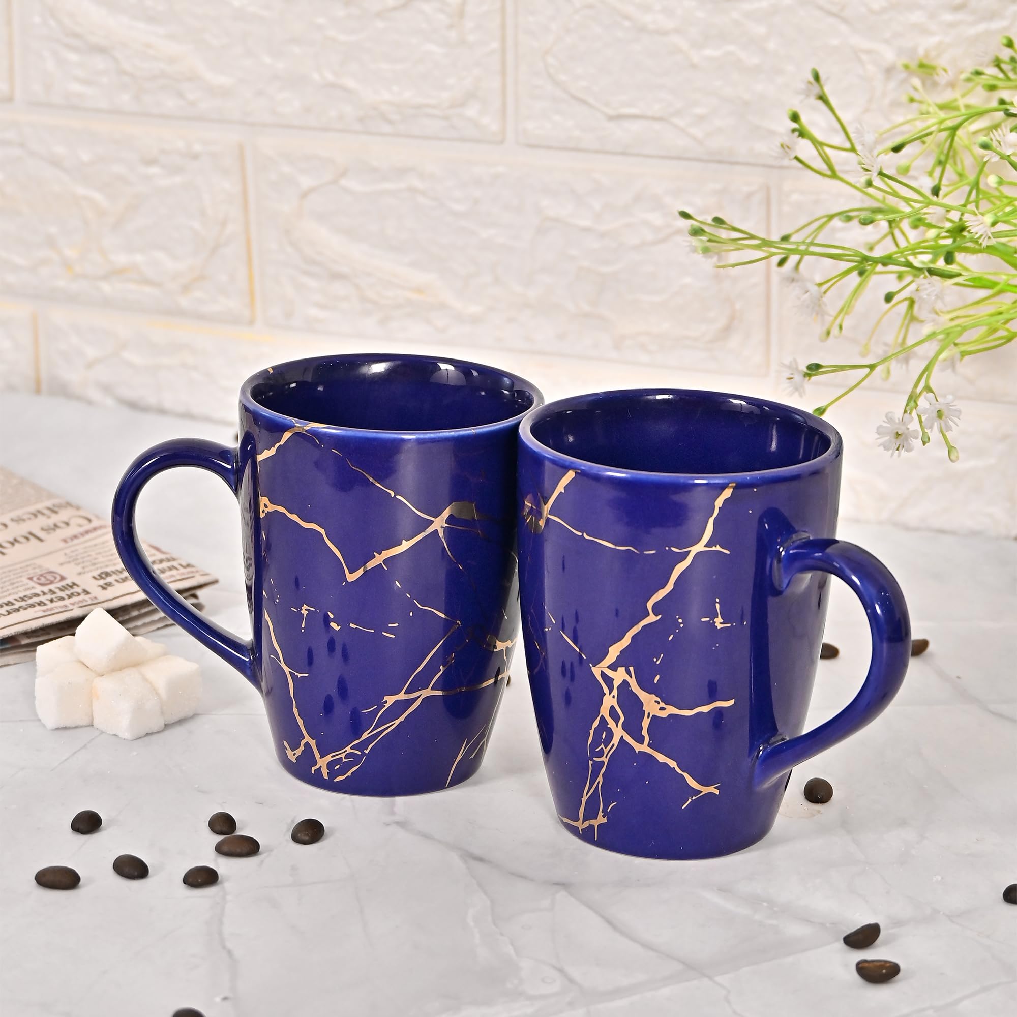Buy Femora 22k Liquid Gold Marble Design Ceramic Coffee Mug, Tea Cups Set of 2 (320ml) Blue ...