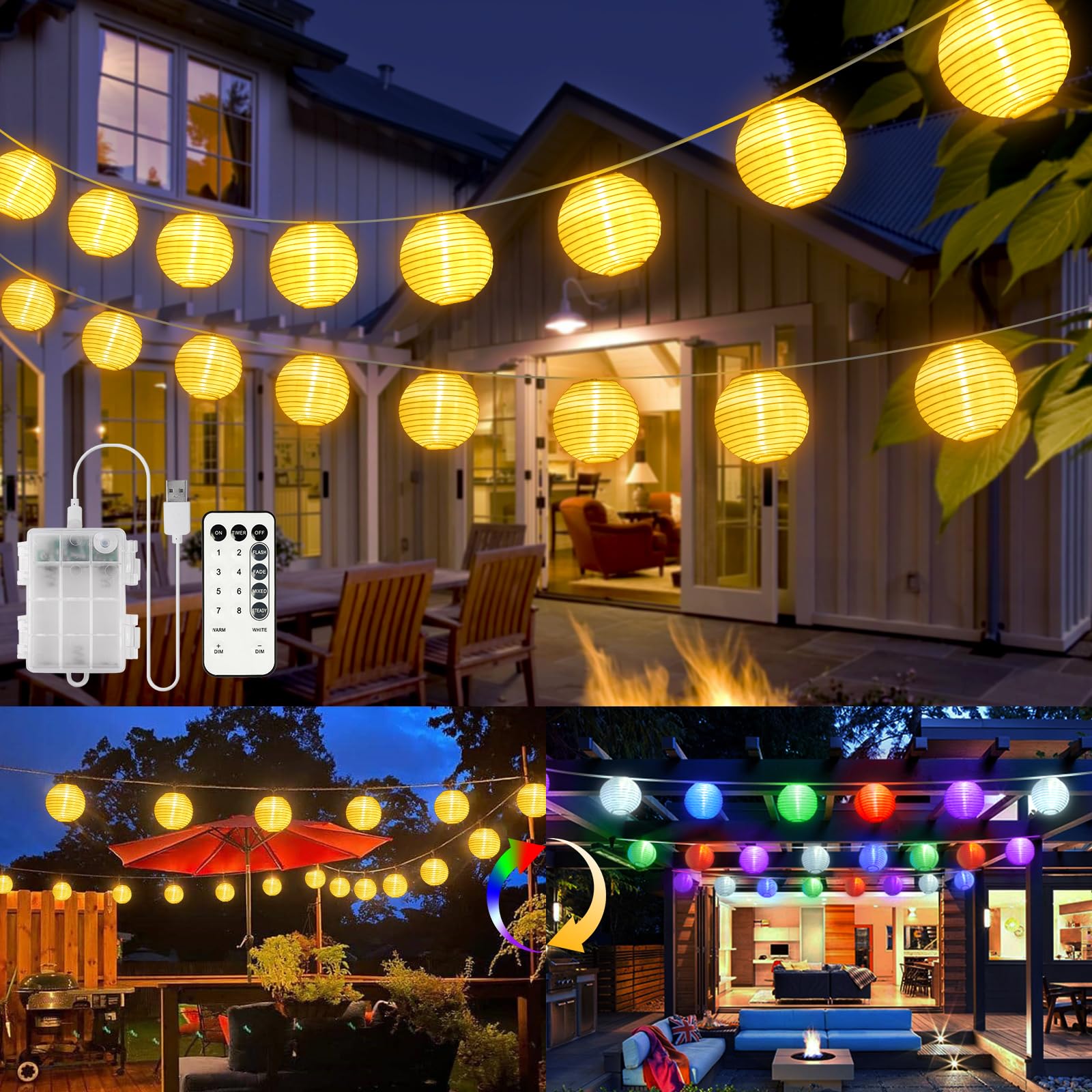 StarryEver LED Lanterns Fairy Lights Outdoor Battery & USB, Warm White ...
