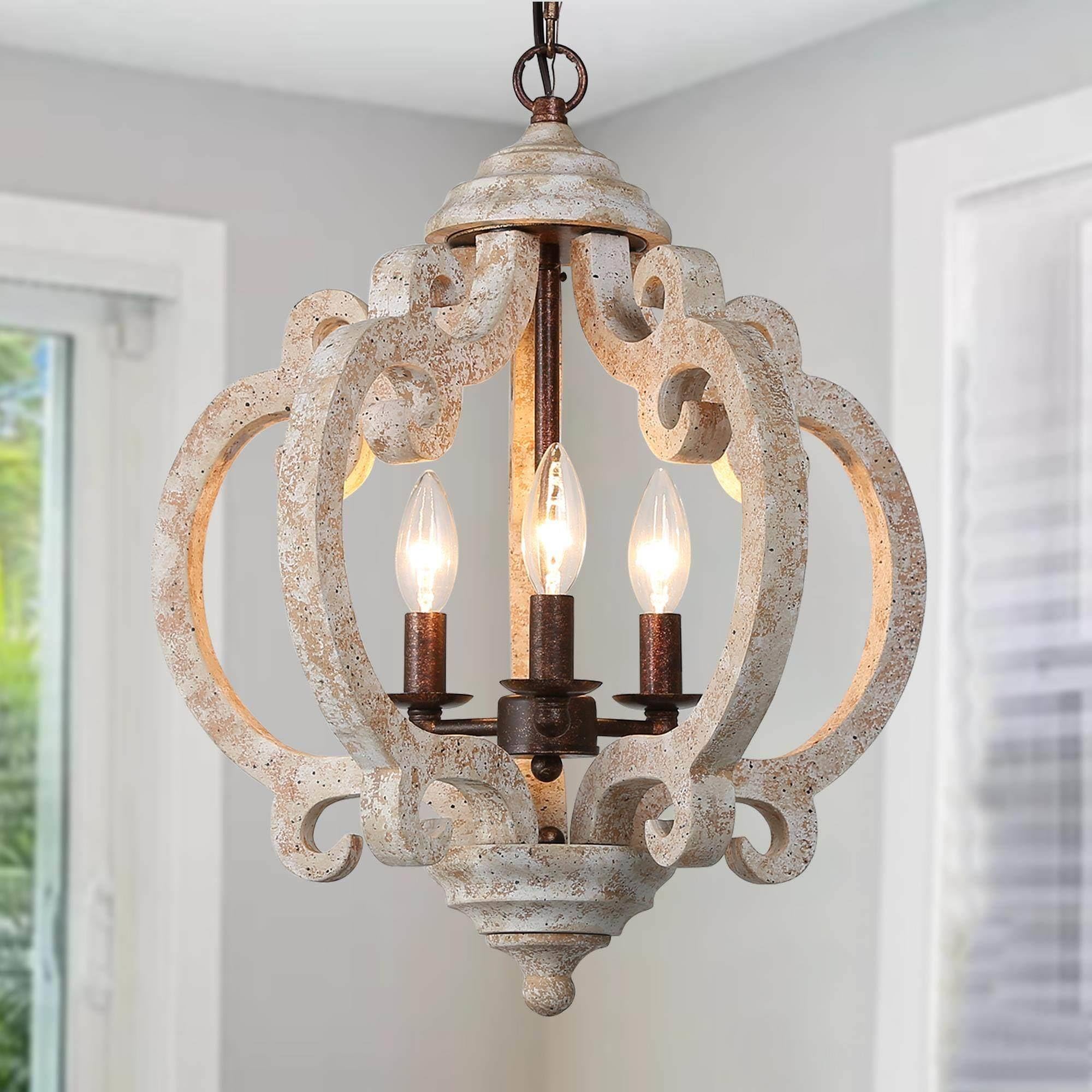 GEPOW Farmhouse Wood Chandelier, 3-Light Rustic Orb Pendant Lights ...
