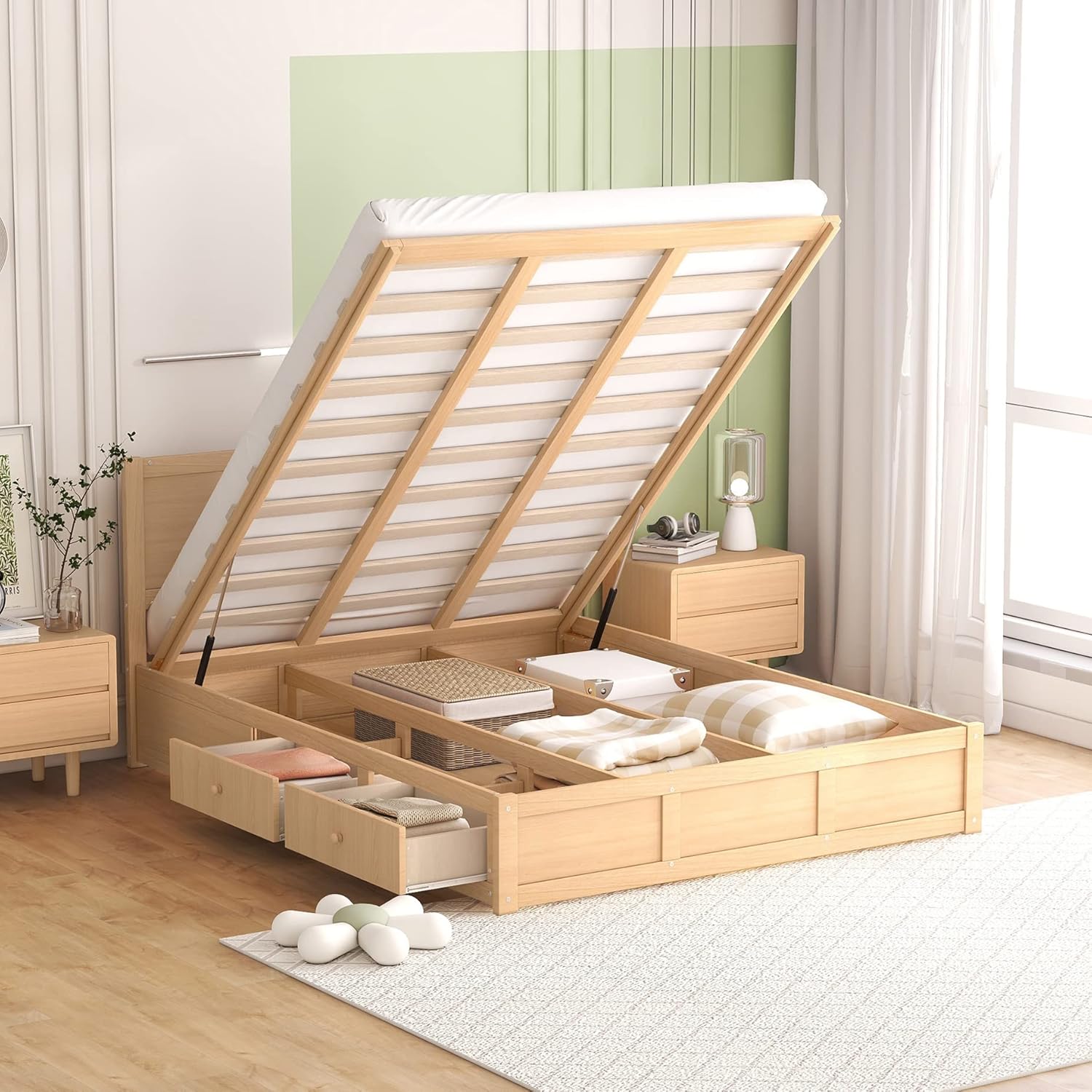 Amazon.com: Natural Wood Platform Bed Modern Storage Bed Frame w ...