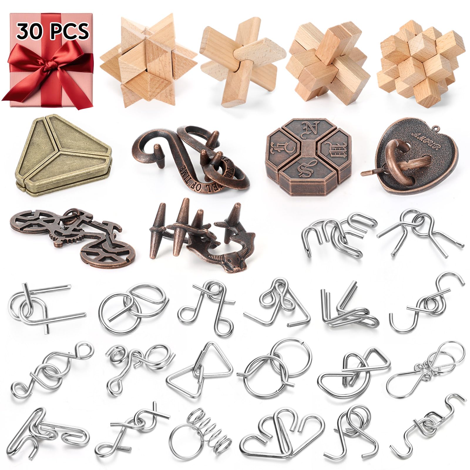 Amazon.com: Seenelling 30 Pcs Brain Teaser Puzzles Wooden and Metal ...