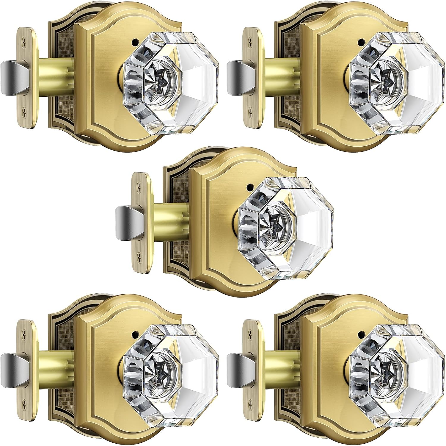 MAXECURITY 5 Pack Glass Door Knob, Octagon Shaped Crystal Door Knobs with Lock, Satin Brass Door ...
