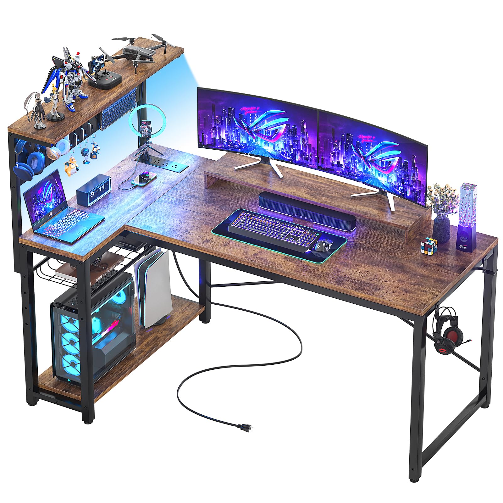 Amazon.com: Homieasy Small Gaming Desk with Power Outlets Pegboard LED ...